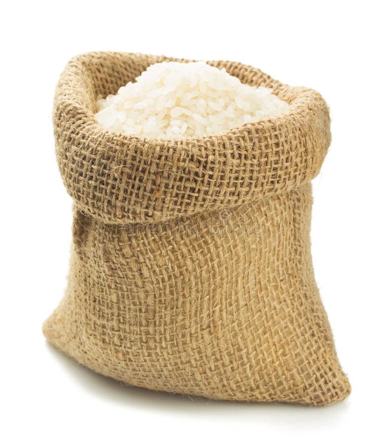 Rice in sack bag on white stock image. Image of full - 44729863