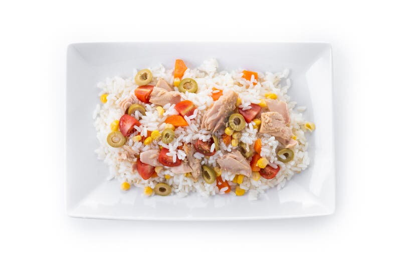 Rice Salad Tomato Corn Olives Tuna Isolated White Background Stock ...