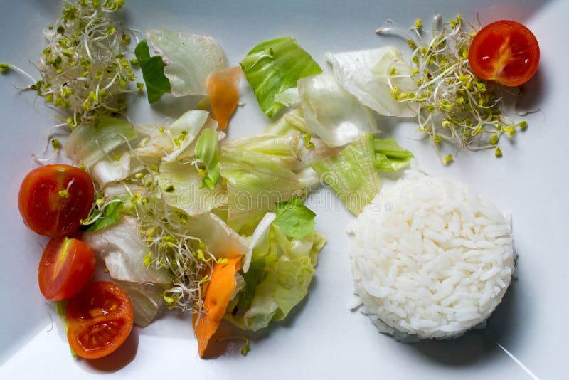 Rice and Salad on White Plate Stock Photo - Image of grain, blurred ...