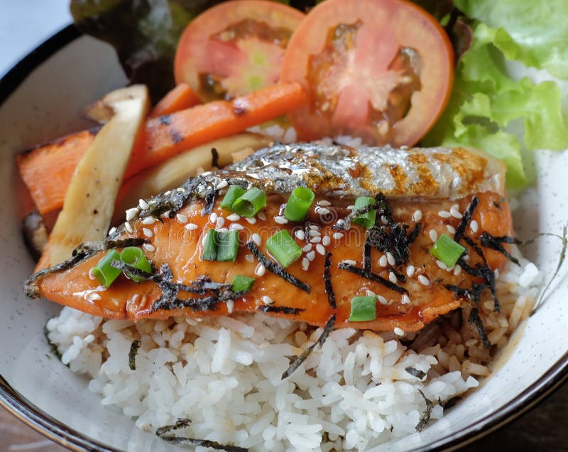 Rice with Salmon in bowl stock photo. Image of plate - 175697096