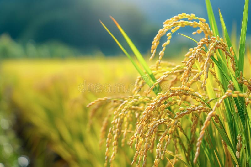 Rice Seeds in Ear of Golden Paddy Rice in Field Stock Illustration ...