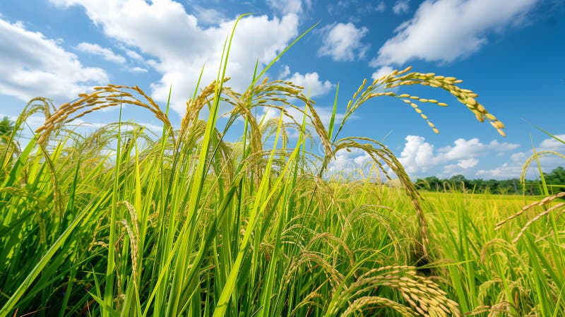 Rice Seeds in Ear of Golden Paddy Rice in Field Stock Illustration ...