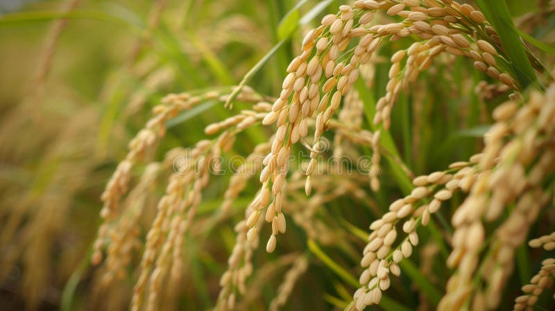Rice Seeds in Ear of Golden Paddy Rice in Field Stock Illustration ...