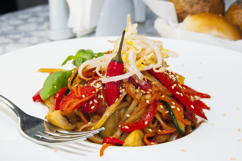 Rice Spaghetti with Vegetables Stock Photo - Image of dinner, spaghetti ...