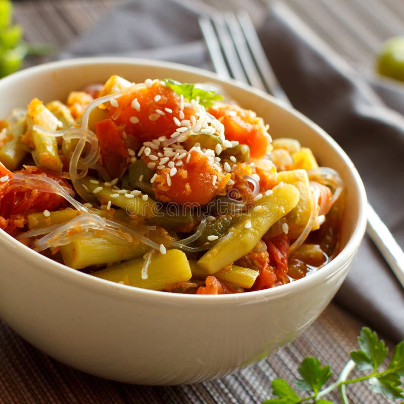 Rice Spaghetti with Vegetables in a Bowl Stock Image - Image of noodle ...
