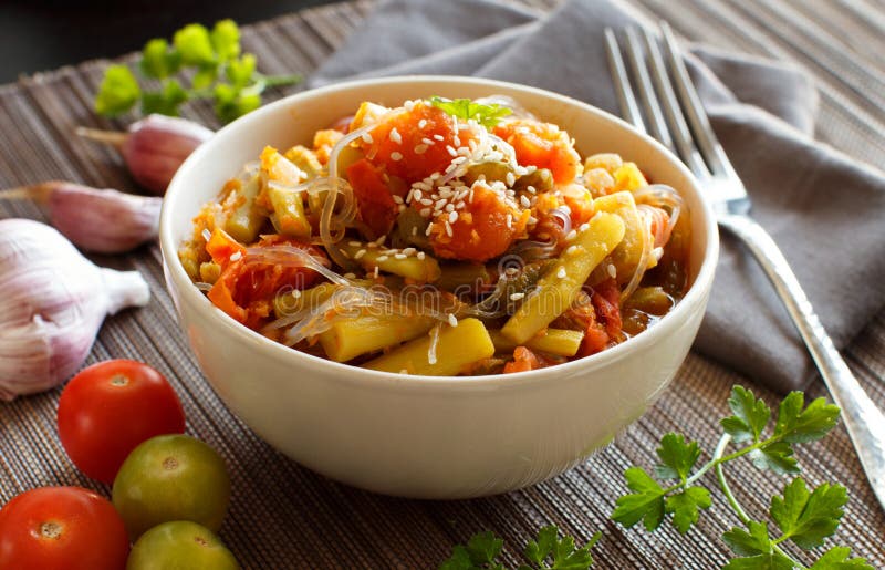 Rice Spaghetti with Vegetables in a Bowl Stock Photo - Image of fork ...