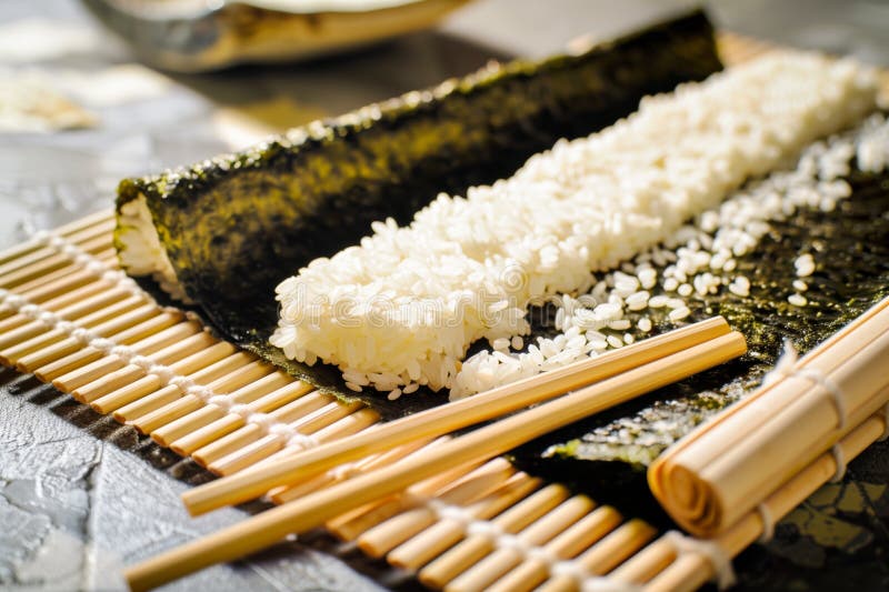 Rice Spreading on a Nori Sheet with a Bamboo Mat Stock Photo - Image of ...