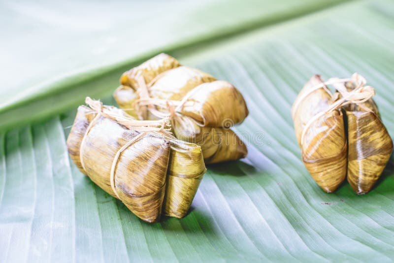Rice Steamed in Green Banana Leaf Stock Photo - Image of leaf, sweet ...