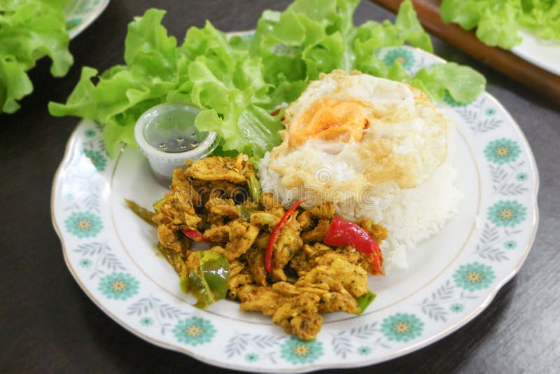 Rice, Stir Fried Hot and Spicy Curry with Chicken and Fried Egg Stock ...
