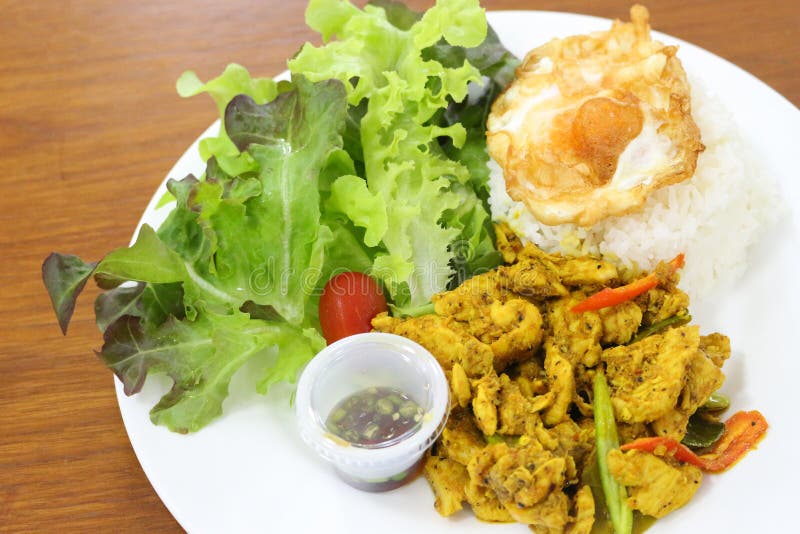Rice, Stir Fried Hot and Spicy Curry with Chicken and Fried Egg Stock ...