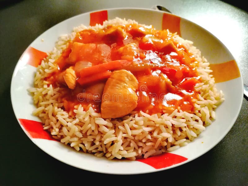 Rice with Sweet and Sour Sauce and Fried Chicken Stock Photo - Image of ...