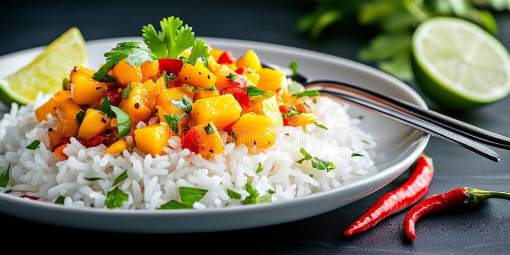 Rice with Tangy Mango Pickle, Lime, and Chili in an Elegant Setting ...