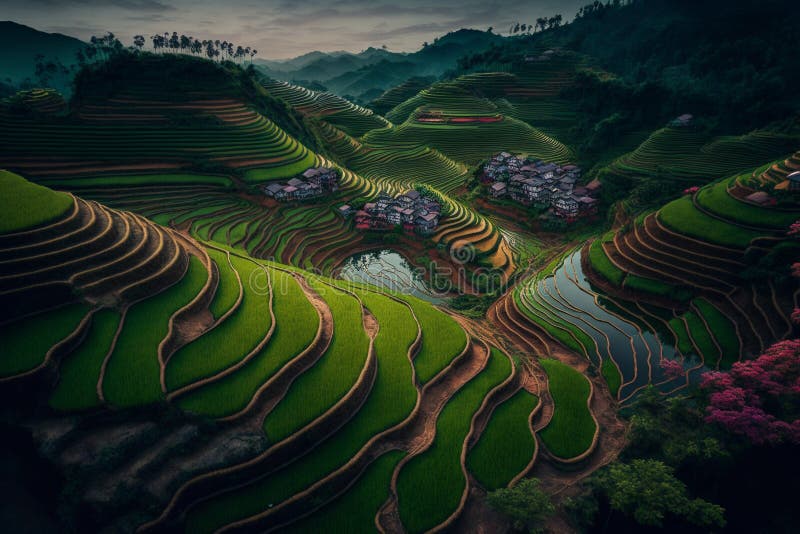 Rice Terraces in the Morning, Bali Island, Indonesia Stock Illustration ...