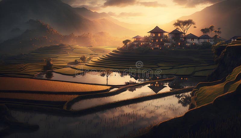 Rice Terraces at Sunset in Bali, Indonesia. 3D Rendering Stock ...