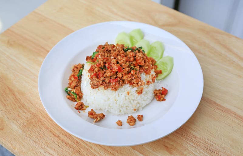 Rice Topped with Minced Pork and Basil Leaf. Thai Food Stock Image ...