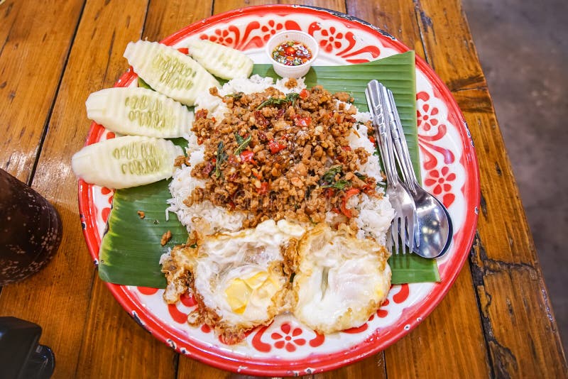 Rice Topped with Stir-fried Basil Meat, Big Tray Stock Image - Image of ...