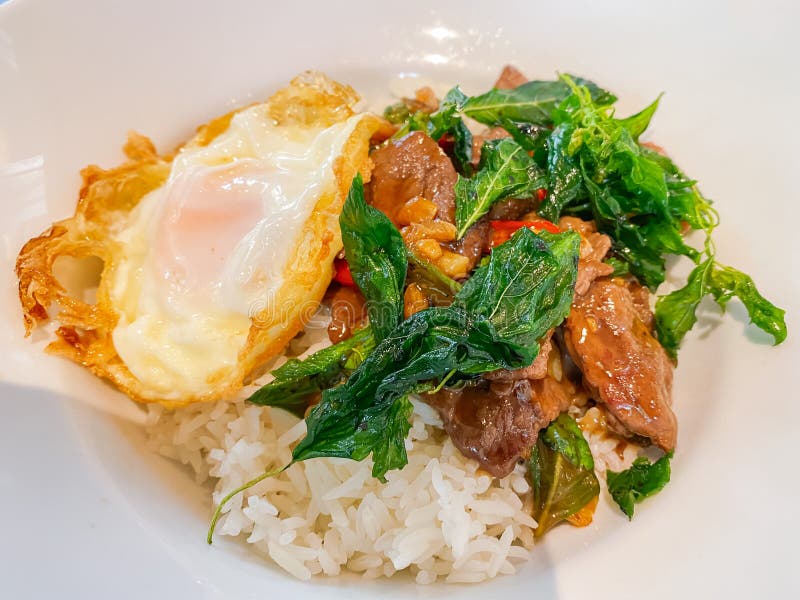 Rice Topped with Stir-fried Beef and Basil Stock Image - Image of ...