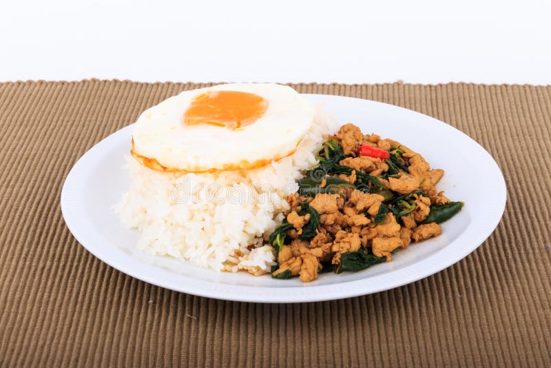 Rice Topped with Stir-fried Chicken, Basil and Fried Egg, Fried Stir ...