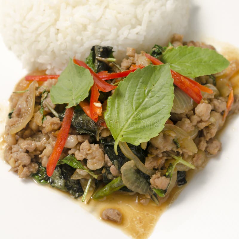 Rice Topped with Stir-fried Pork and Basil Stock Photo - Image of rice ...