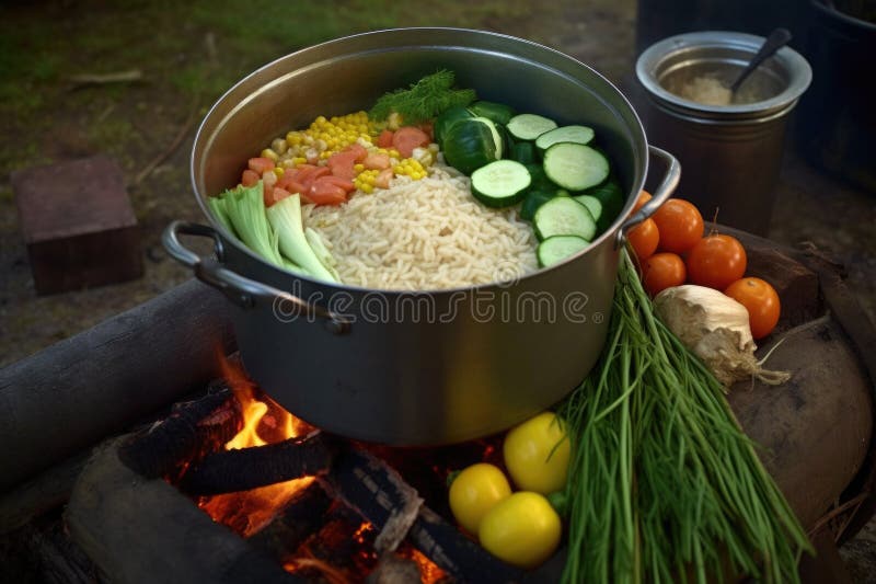 Rice and Vegetable Ingredients in a Pot, Ready To Cook Over Campfire ...