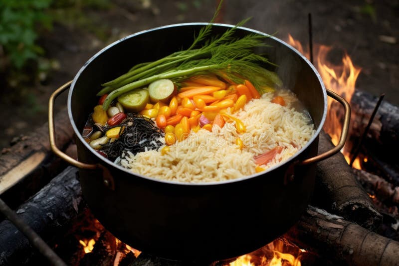 Rice and Vegetable Ingredients in a Pot, Ready To Cook Over Campfire ...