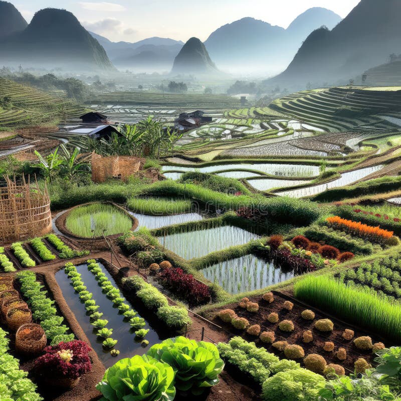 Rice and Vegetable Terraces in the Morning Stock Illustration ...