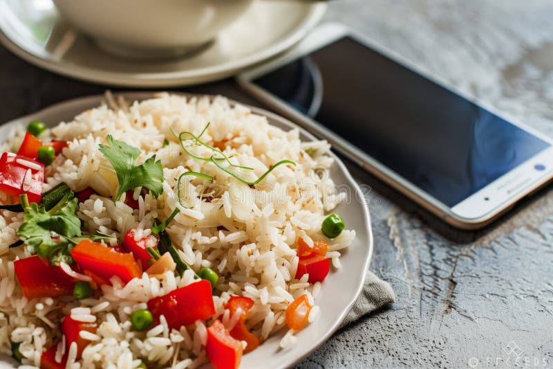 Rice and Veggies beside a Smartphone on Silent Mode Stock Photo - Image ...