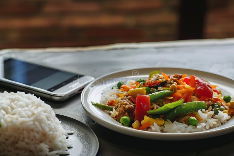 Rice and Veggies beside a Smartphone on Silent Mode Stock Photo - Image ...