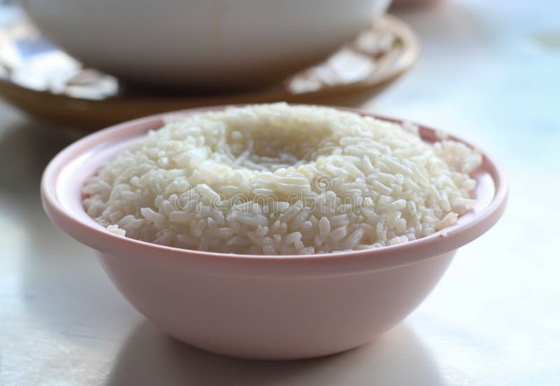Rice in White Dish on the Wood Table Stock Image - Image of grained ...