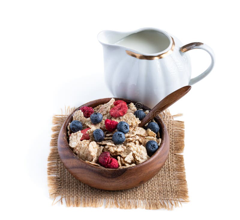 Rice and Wholewheat Cereal Flakes with Dried and Fresh Berries Isolated ...