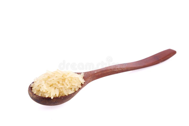 Rice in Wooden Spoon Isolated on White Stock Photo - Image of jasmine ...