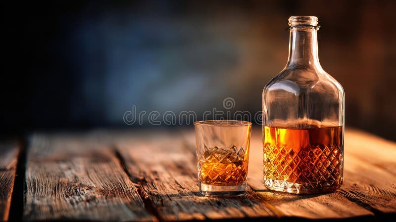 The Rich Amber Whiskey Bottle and Glass on a Rustic Wooden Table. AI ...