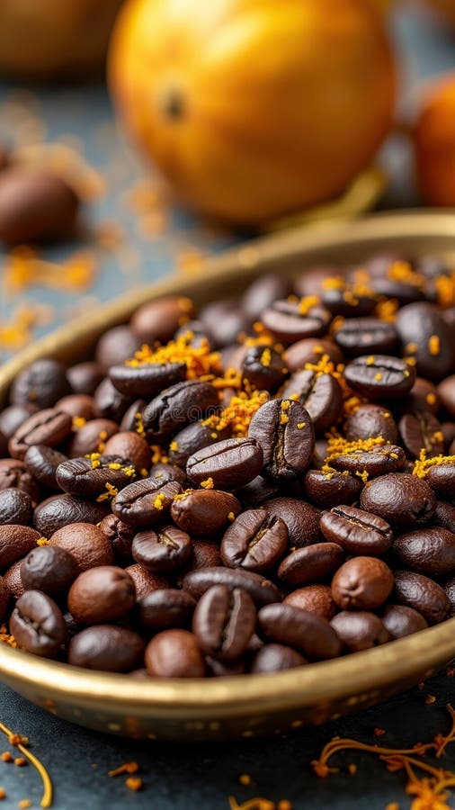 Rich Aromatic Coffee Beans with Orange Zest in Decorative Bowl Stock ...