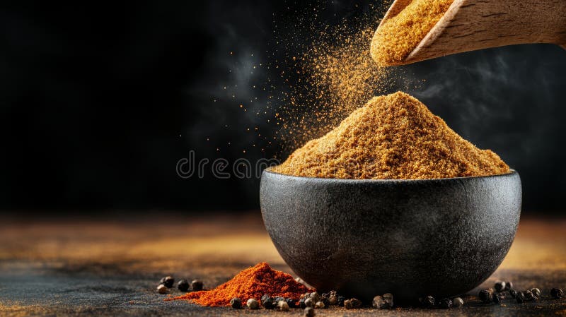 A Rich, Aromatic Spice Being Poured into a Dark, Rustic Bowl, Enhancing ...
