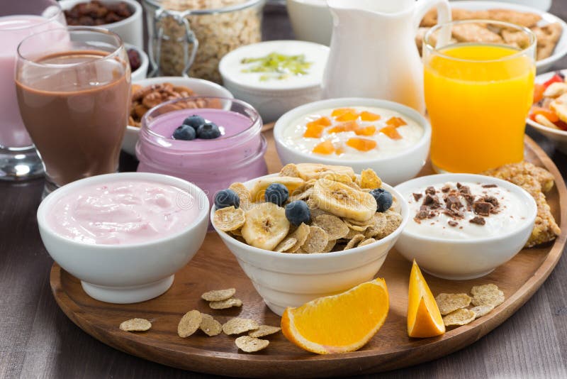 Rich Breakfast Buffet with Cereals, Yoghurt and Fruit Stock Photo ...