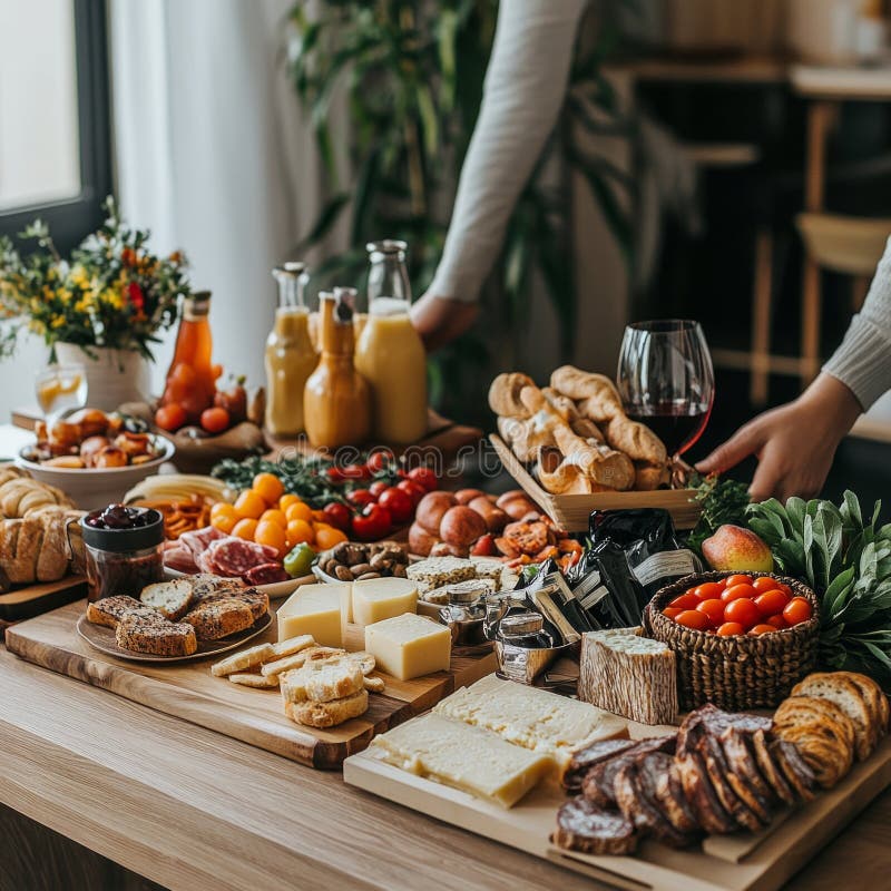 Rich Breakfast Spread with Cheeses, Fruits, and Breads on a Wooden ...
