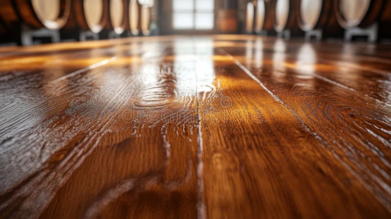 Rich Brown Polished Wooden Table in Rustic Cellar Setting Stock ...