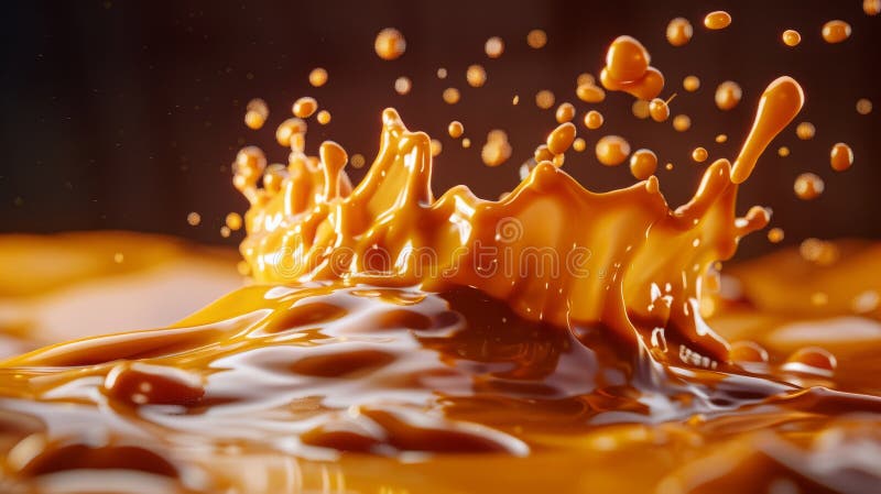 Caramel Splashing in Chocolate Liquid Against Dark Background Stock ...