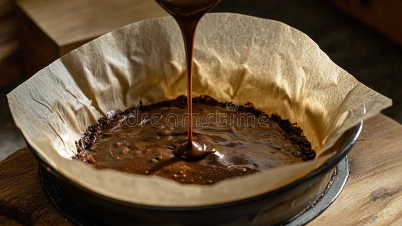 Rich Chocolate Batter Being Poured into a Lined Baking Tin, Warmly Lit ...
