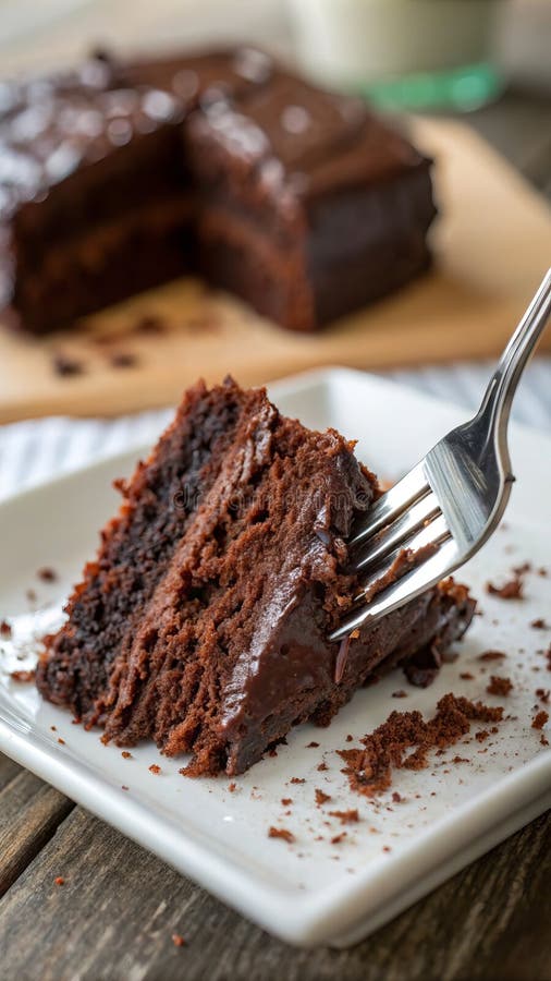 Rich Chocolate Cake Slice on Rustic Wooden Table with Fork Stock Photo ...