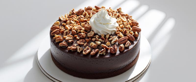 Rich Chocolate Cake Topped with Nuts and Cream Stock Image - Image of ...