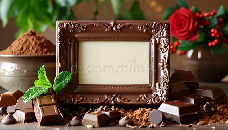 A Delightful Chocolate Frame Surrounded by Cocoa and Fresh Mint Leaves ...