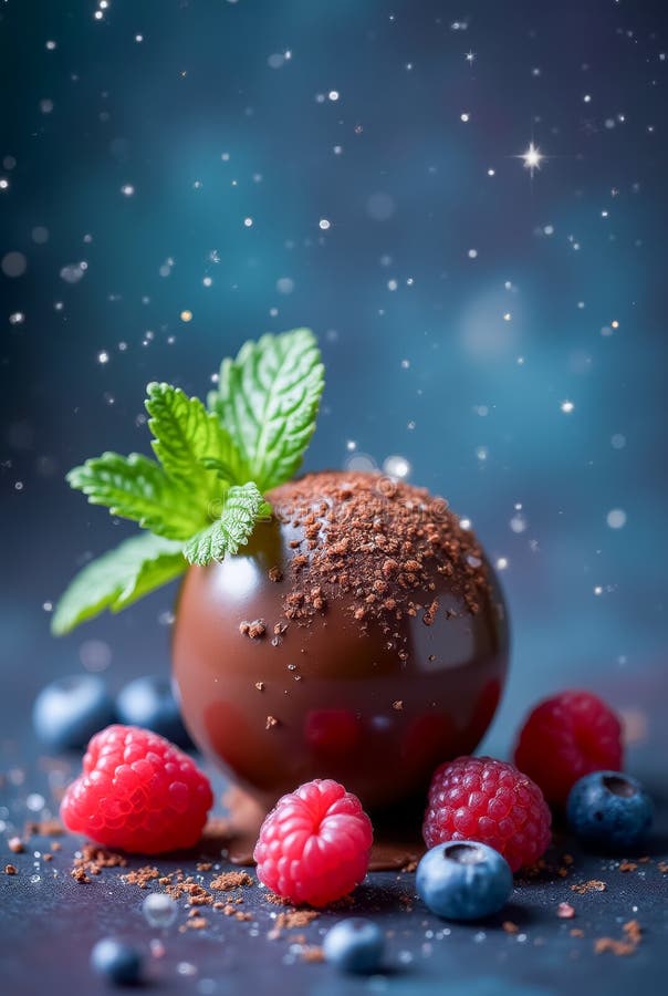 A Rich Chocolate Truffle, Adorned with a Sprig of Mint, Sits Elegantly ...
