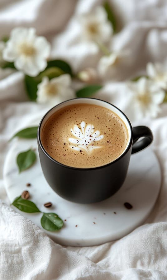 Rich Coffee Topped with Delicate Cream Pattern Surrounded by Flowers on ...
