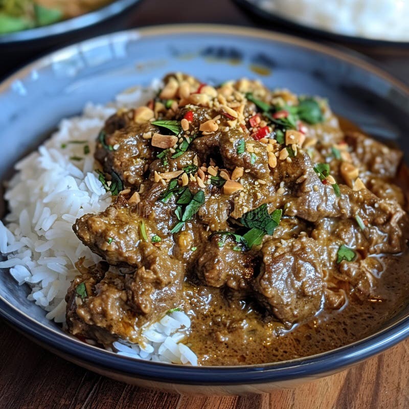 Rich and Creamy Beef Rendang with Steamed Rice Stock Illustration ...
