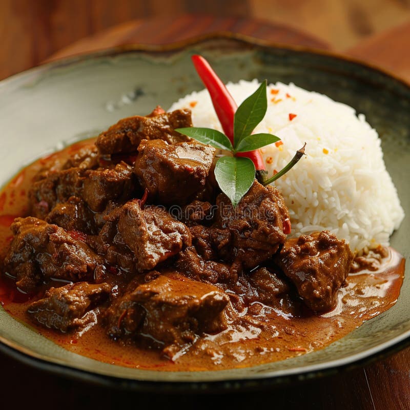 Rich and Creamy Beef Rendang with Steamed Rice Stock Illustration ...