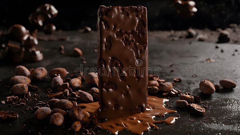 Rich Dark Chocolate Bar Melted with Cocoa Beans and Choco Splatter AI ...