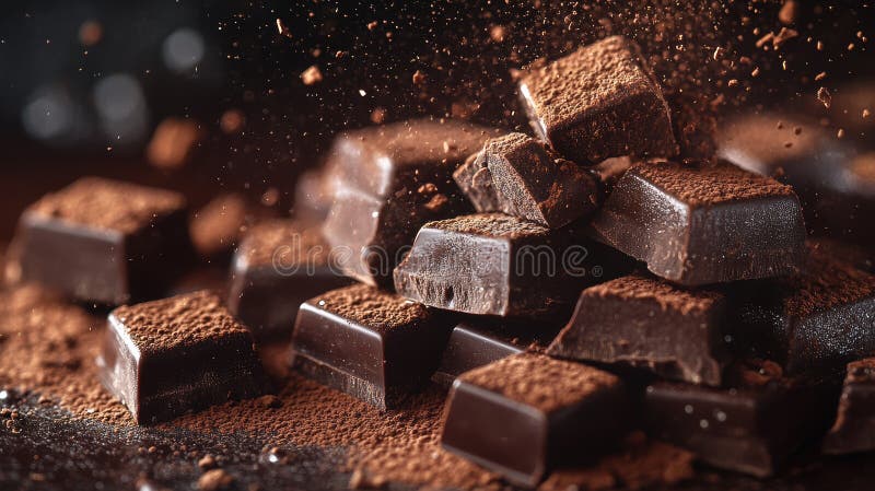 Rich Dark Chocolate Squares Dusted with Cocoa Powder, Captured Mid ...