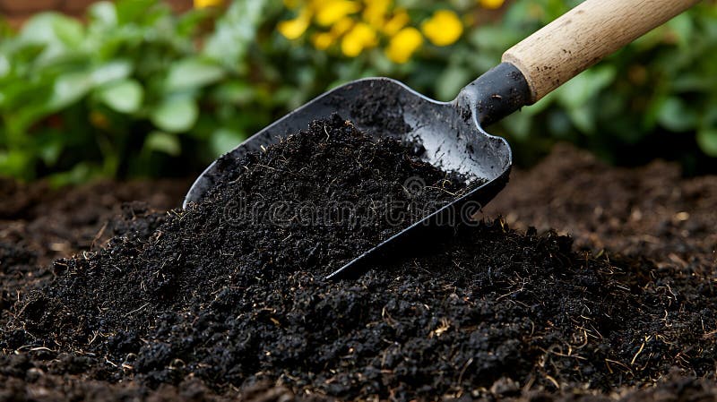 Rich Dark Compost Soil Being Scooped with Garden Spade, Showcasing Its ...