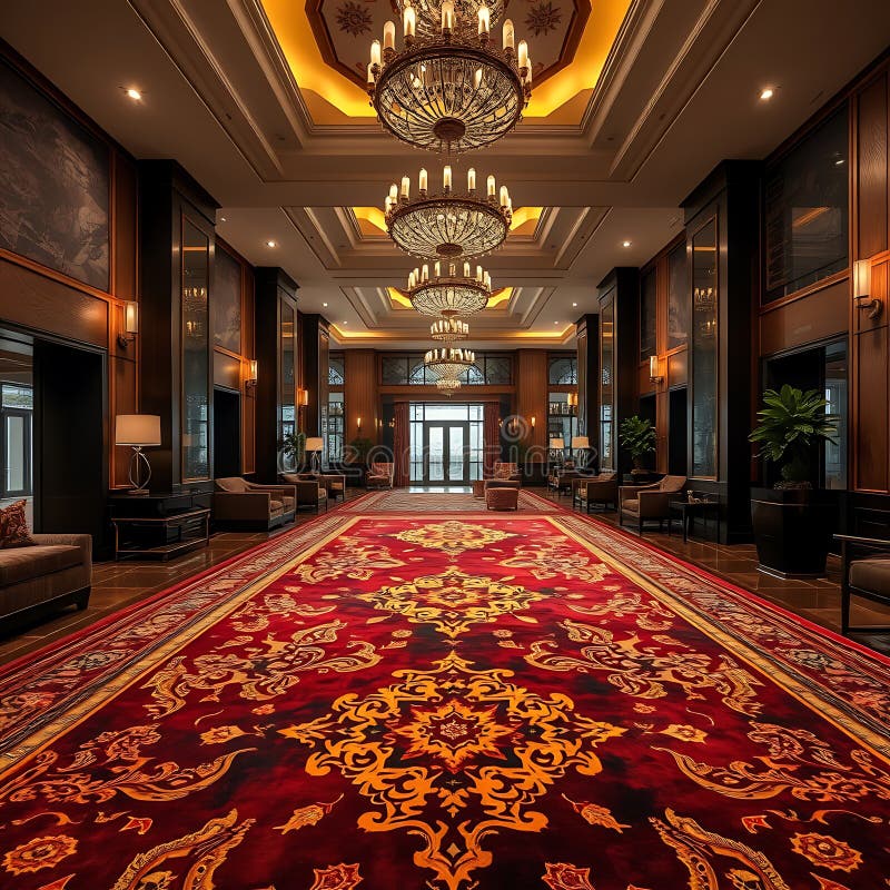 A Rich Deep Colored Oriental Rug Laid in a Luxurious Hotel Lobby with ...